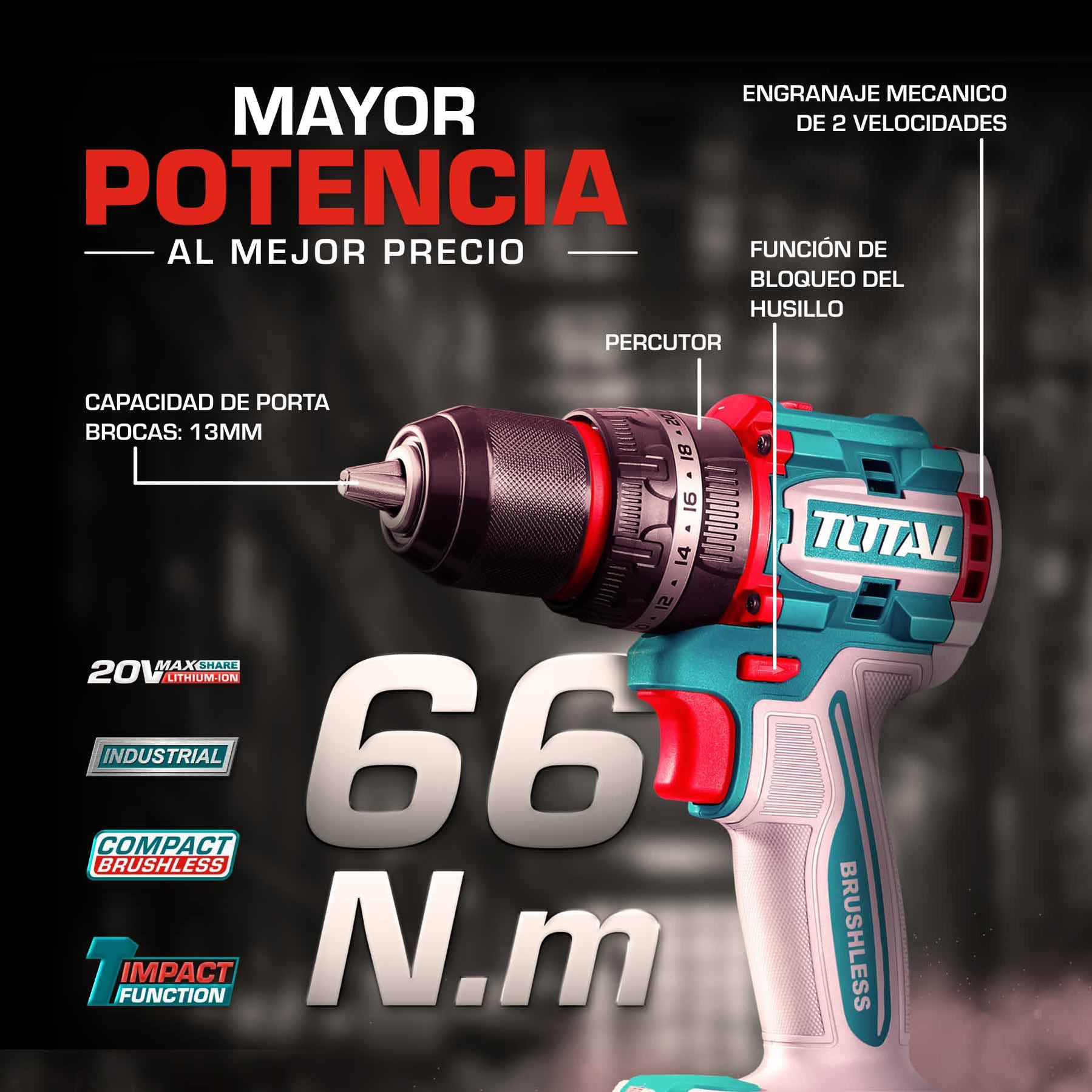 Taladro Inalámbrico Percutor Brushless 20V 66Nm+ 47 Accesorios Total ...