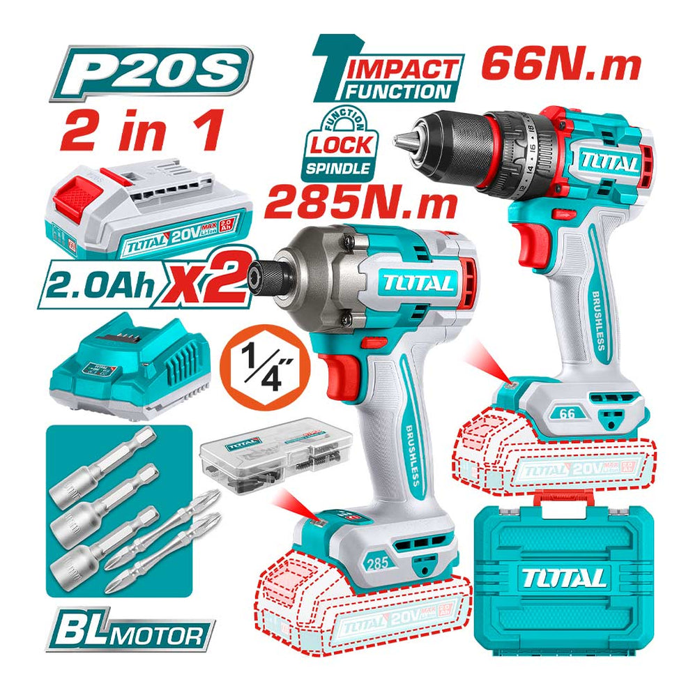 Kit Taladro y Atornillador Inalámbrico 20V Total Tools | Alta Potencia