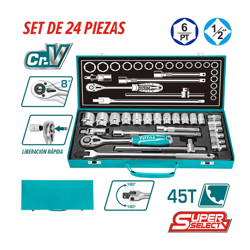 Set de Dados de Vaso 1/2" 24 Piezas Total Tools | Para Mecánica Profesional