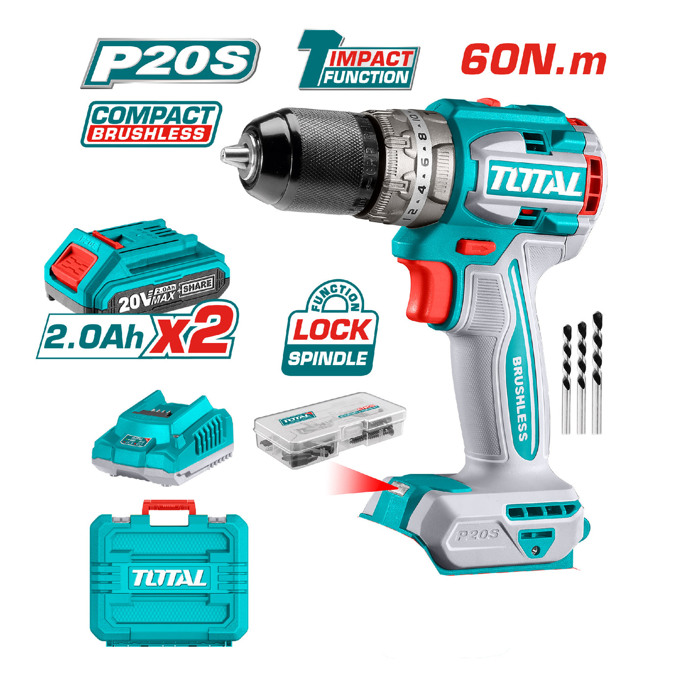 Taladro de Impacto Compacto Industrial 20v TOTAL - Tecnología Brushless