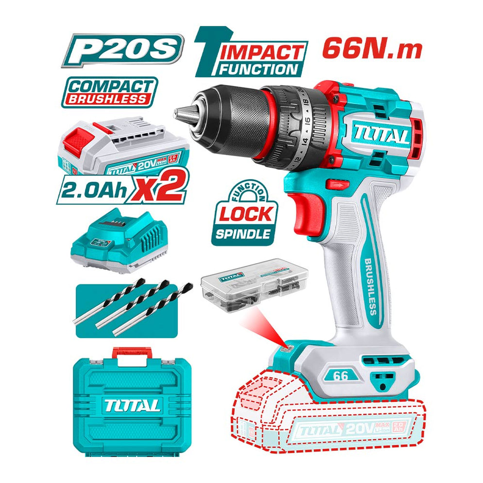Taladro Inalámbrico Percutor Brushless 20V 66Nm+ 47 Accesorios Total — Total Tools