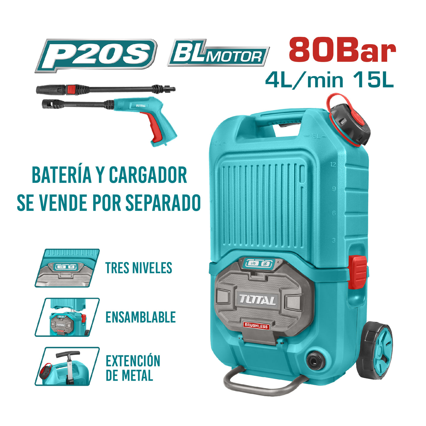 Hidrolavadora Inalámbrica 40V 15L Total Tools | Motor BL + 5 Accesorios
