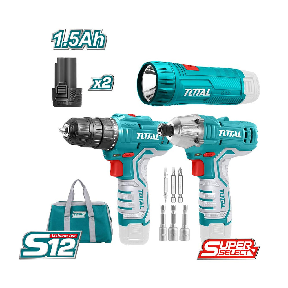 Combo taladro inalámbrico + atornillador inalámbrico + linterna 12V TO ...